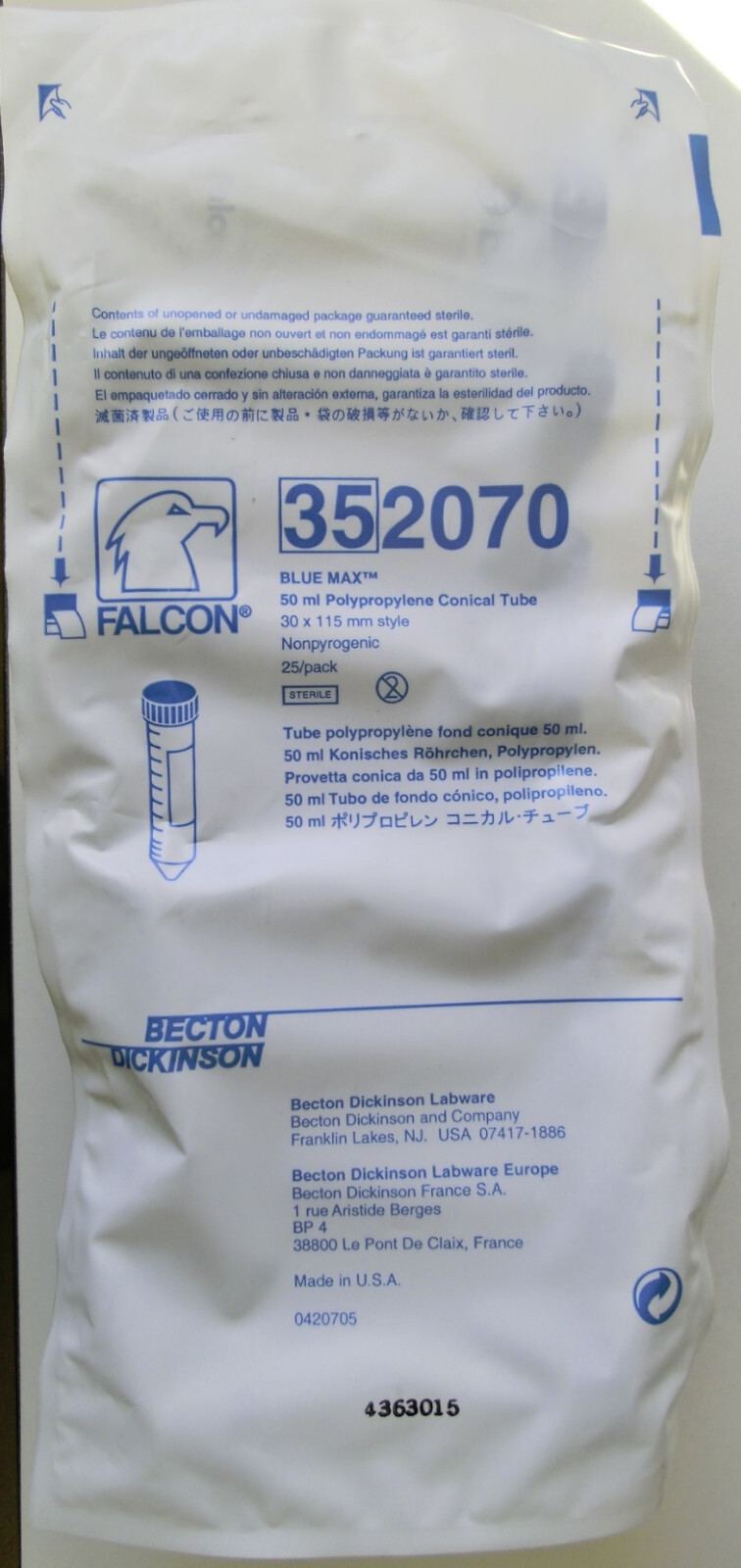 Pack of 25, Falcon, 352070, Blue Max, 50ml polypropylene conical tube ...