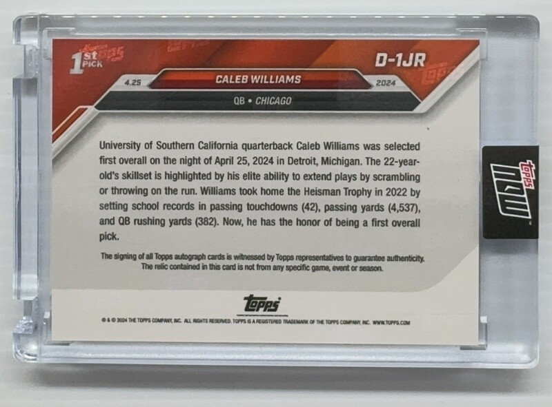 2024 Topps NOW Caleb Williams Gold 1st Pick Rookie Patch Auto RC # 1/1 ...