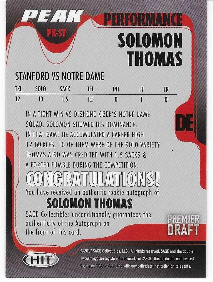 SOLOMON THOMAS AUTO ROOKIE CARD - 2017 SAGE HIT PEAK PERFORMANCE ...