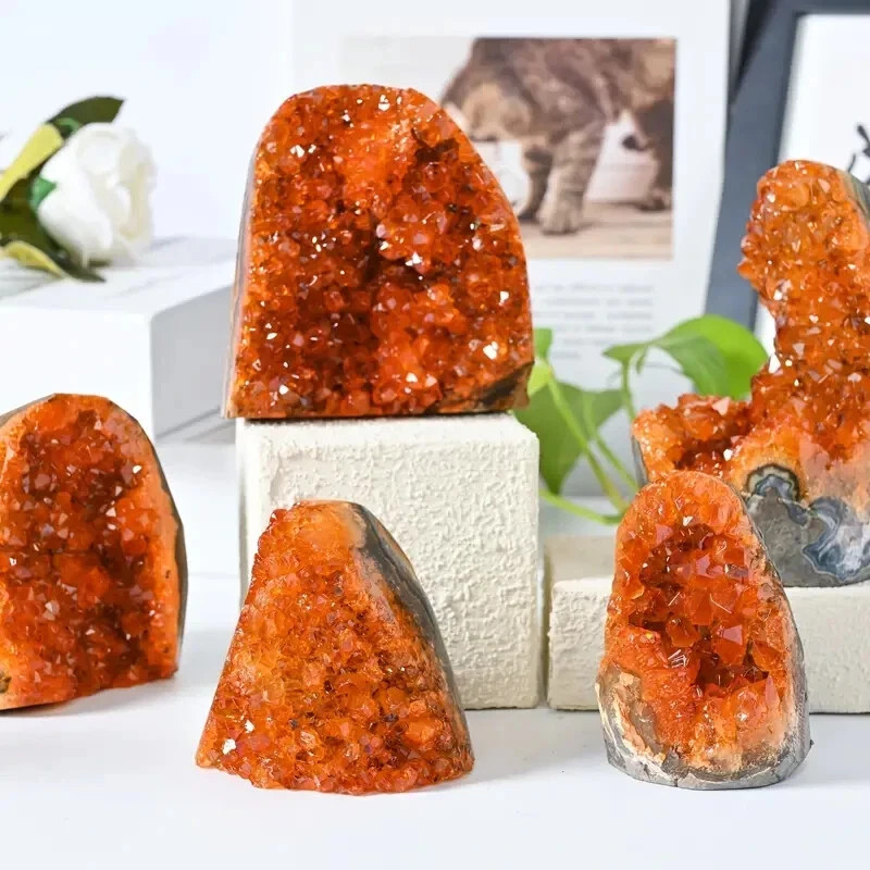 300G Aura Orange Geode Cluster Titanium Quartz Crystal Healing Reiki ...