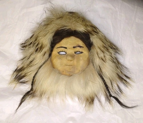 Antique Alaskan Eskimo Mask Child Face Leather Hide Fur Art Handmade ...