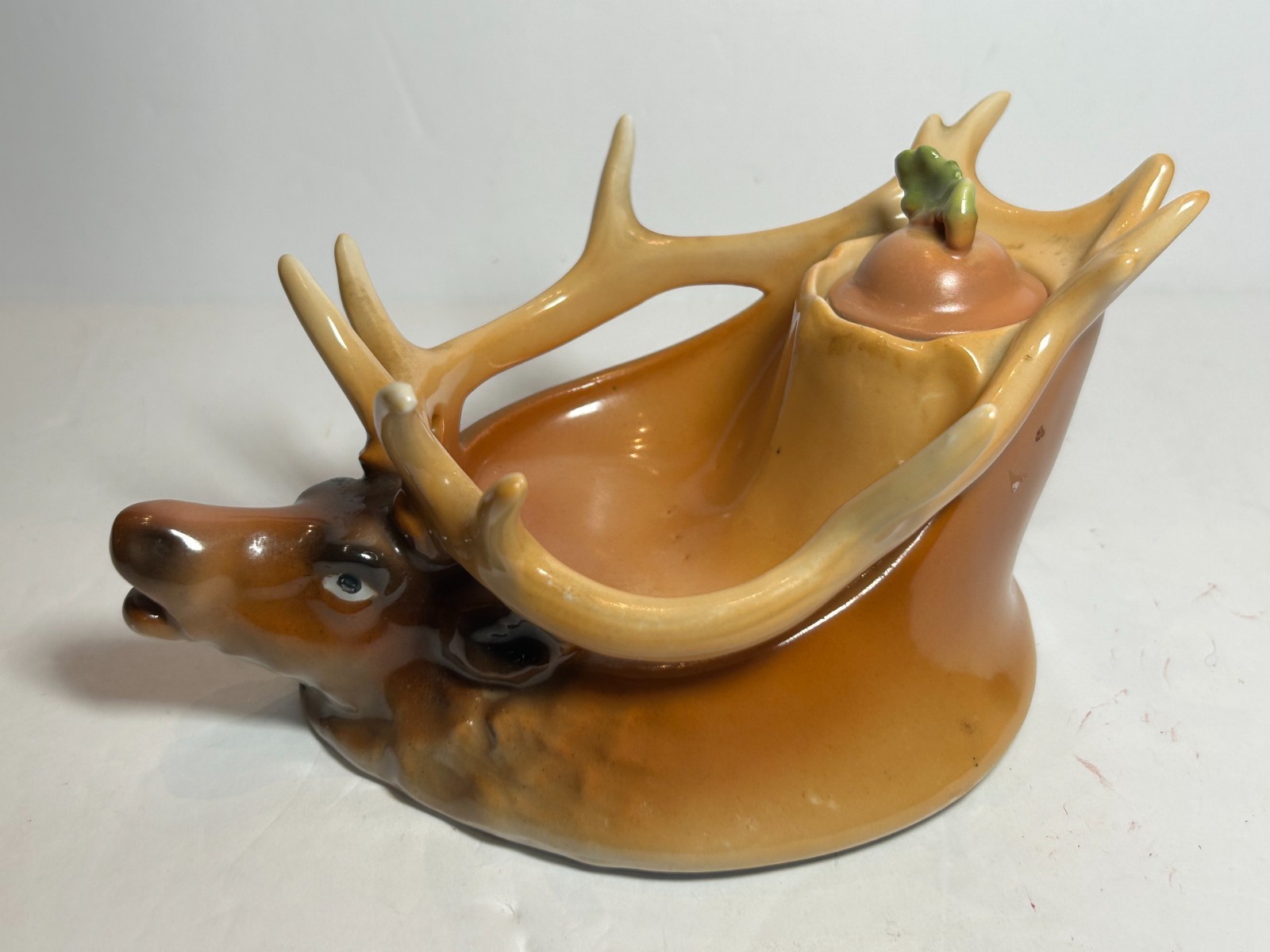 RARE EARLY ROYAL BAYREUTH PORCELAIN DEER ELK INKWELL BLUE MARK 6" LONG ...