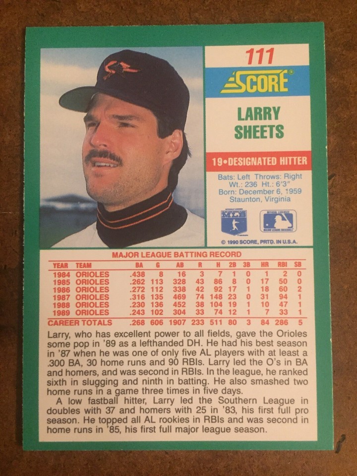 Larry Sheets 111 Score 1990 MLB Baseball Trading Card | eBay