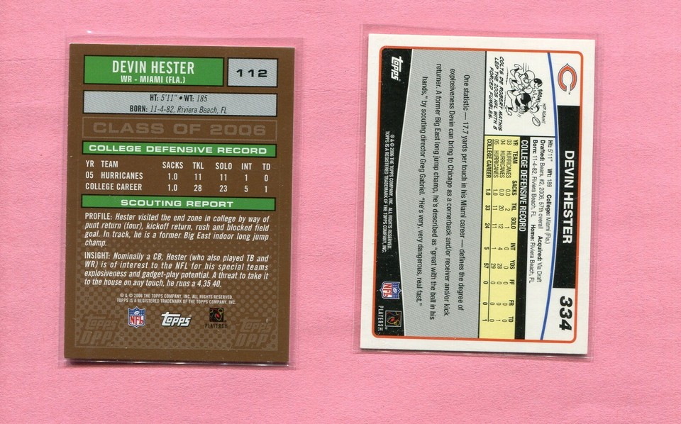 DEVIN HESTER CHICAGO BEARS MIAMI 2006 TOPPS & TOPPS DPP 2 ROOKIE CARD ...
