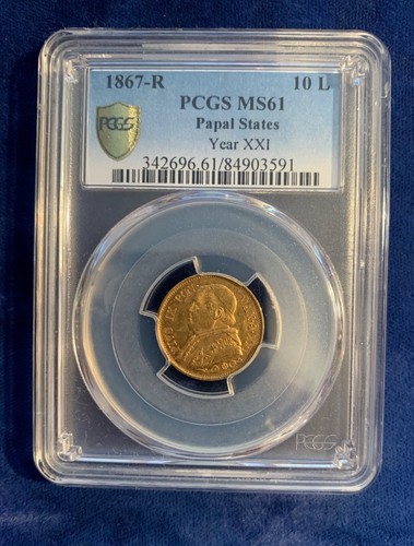ITALY PAPAL STATES 1867 10 LIRE GOLD COIN, UNCIRCULATED PCGS CERTIFIED ...