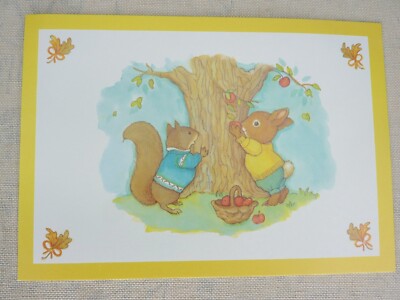 Vintage Current Note Card FALL Critters Bunny Squirrel Apples Picking ...