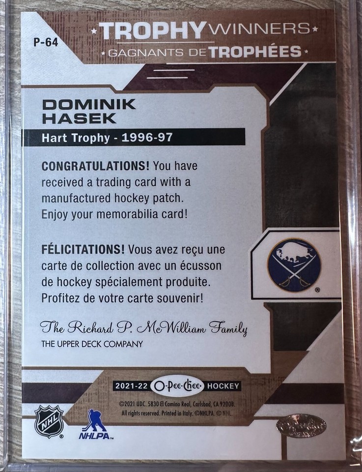 2021-22 OPC O-PEE-CHEE HOCKEY DOMINIK HASEK HART TROPHY WINNERS PATCH # ...