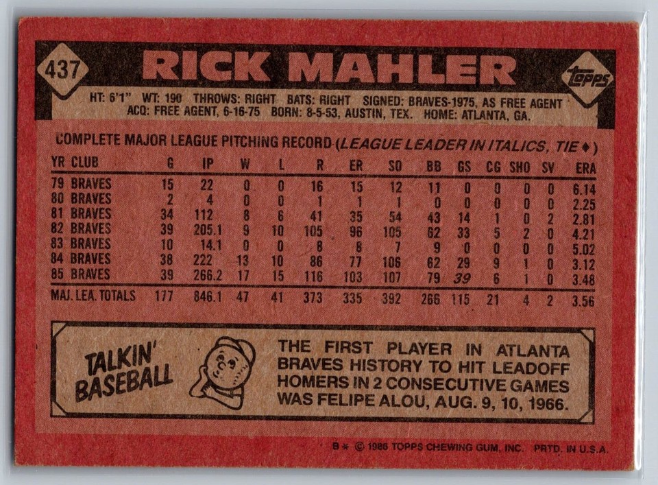 1986 Topps - Rick Mahler #437 Atlanta Braves MLB Baseball Card | eBay