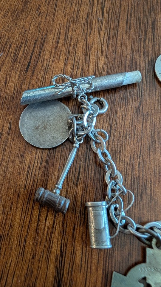 VTG 1963 Sterling Charm Bracelet (9) Education Theme Harriman, Gavel ...