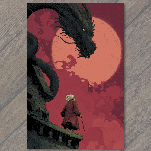 Art Print Wizard Tower Full Moon Dragon Confrontation Gothic Fantasy ...