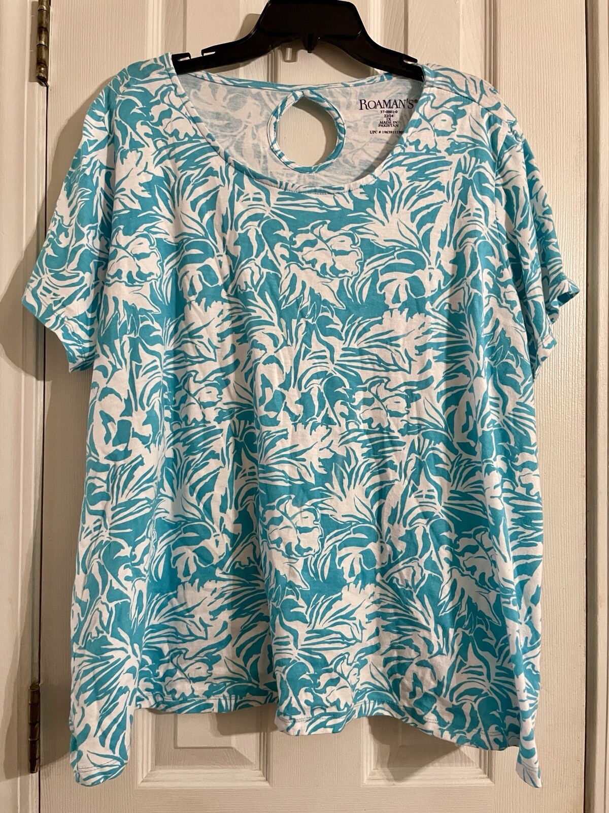 Womens Plus Size 1X (22/24) Roaman’s Aqua & White Tropical Floral Shirt ...