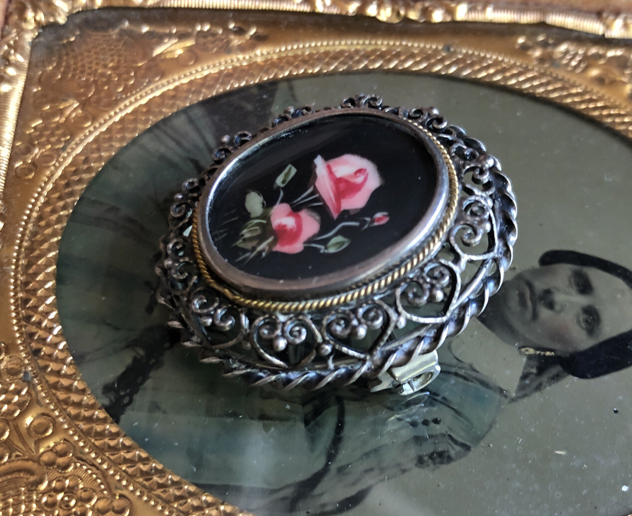 Antique Art Nouveau 800 Silver Hand Painted Roses Br… - Gem