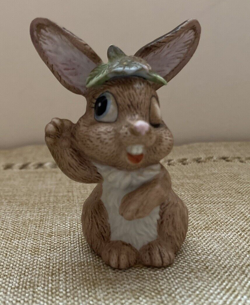 LEFTON VTG Figurine Winking Bunny Rabbit Brown W/Flowers On Head 2.5"H ...