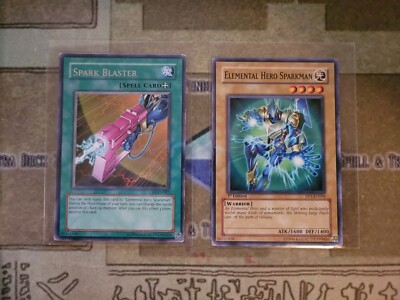 YUGIOH ELEMENTAL HERO SPARKMAN DP1 COMMON + SPARK BLASTER CRV RARE ...