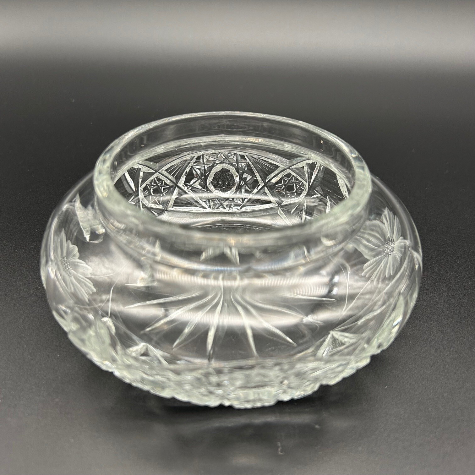 American Brilliant Cut Glass Vanity Puff Jar with Lid Wheel Flowers ...