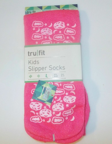 Tru Fit Kids Girls Slipper Socks Pink with Gripper Moons/Stars Size 6-8 ...