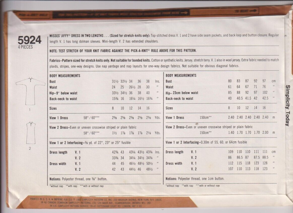 5924 SIMPLICITY Jiffy - DRESS for Knits - Sz 16 B 38" | eBay