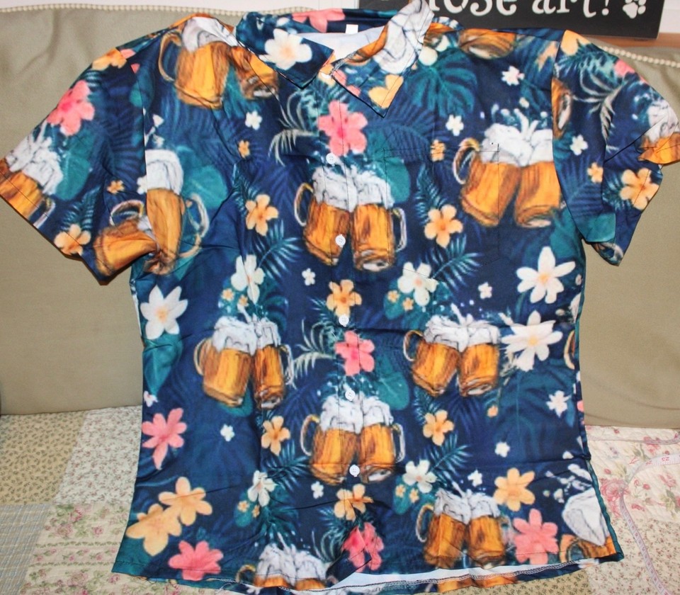 Large NWOT Men's Beer Mugs Tropical Button Front Shirt | eBay