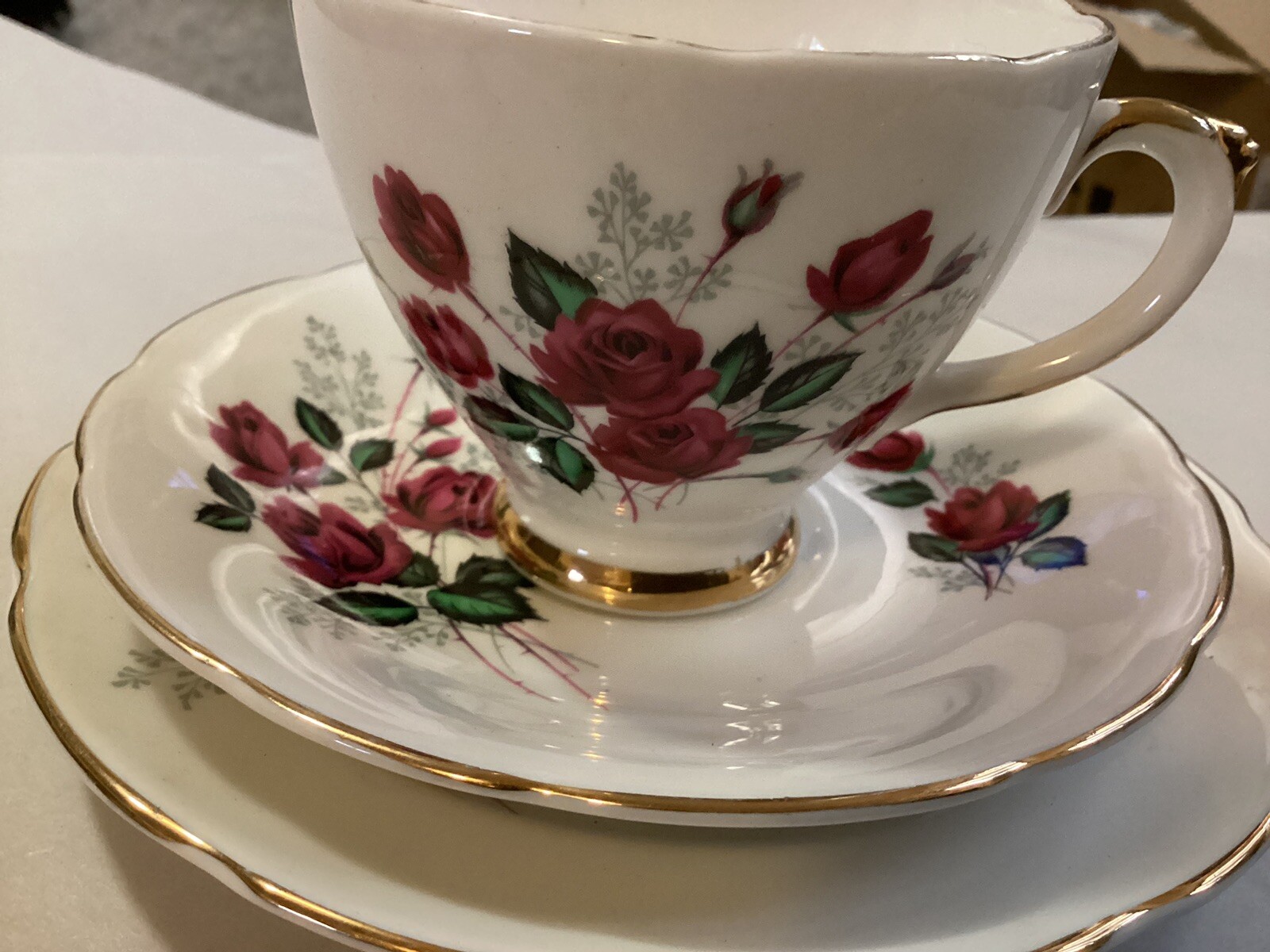 Genuine Vintage DELPHINE Trio Cup Saucer Plate Fine China ENGLAND Red ...