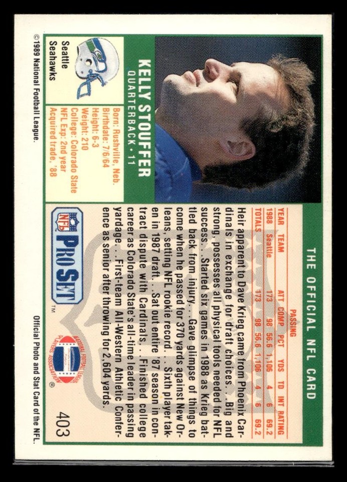 1989 Pro Set Football Card #403 Kelly Stouffer Seattle Seahawks | eBay