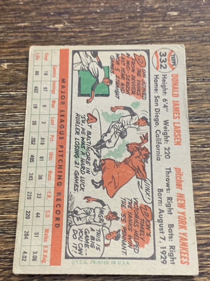 1956 TOPPS DON LARSEN #332 RC ROOKIE NY YANKEES VG-VG+ OR BETTER | eBay