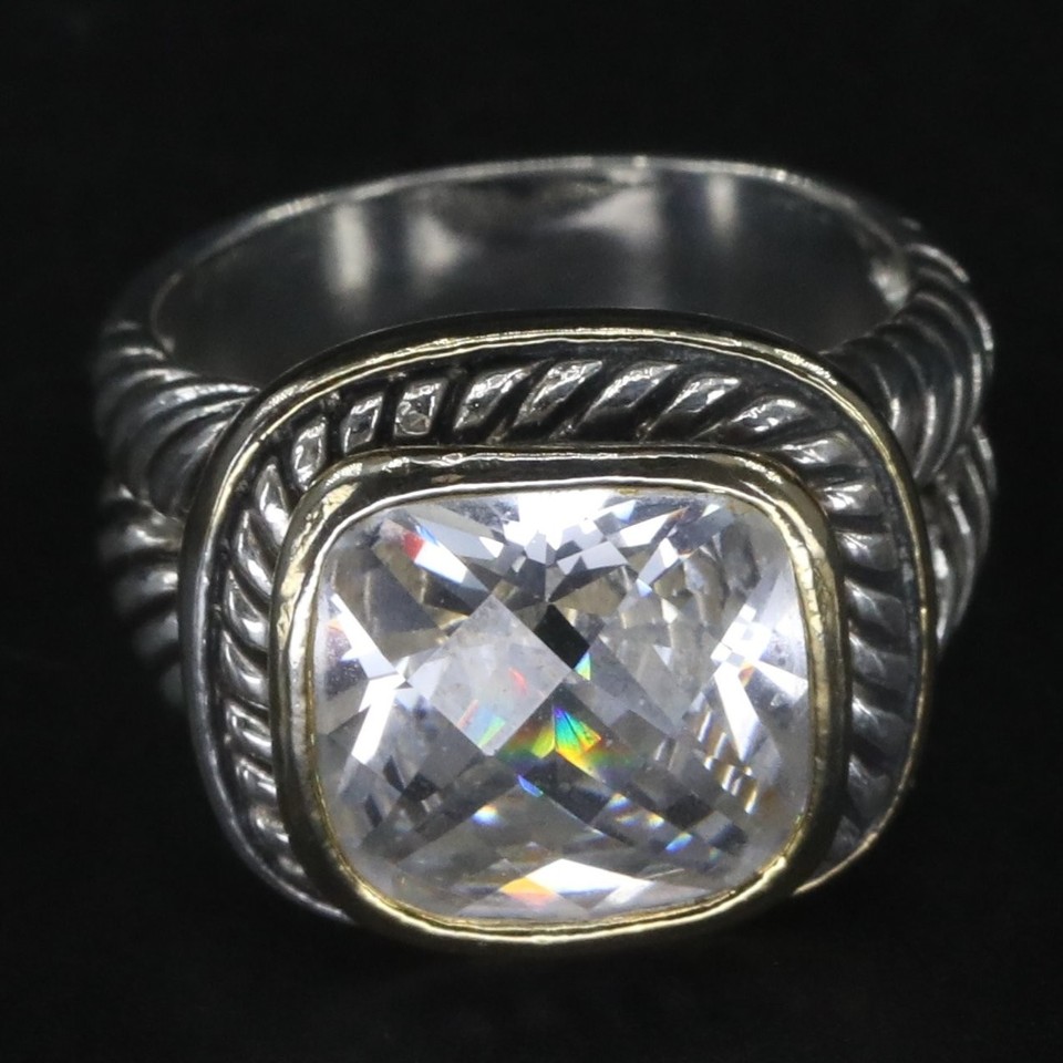 Sterling Silver - White CZ Solitaire Two-Tone Braided Men's Ring Size 8 ...