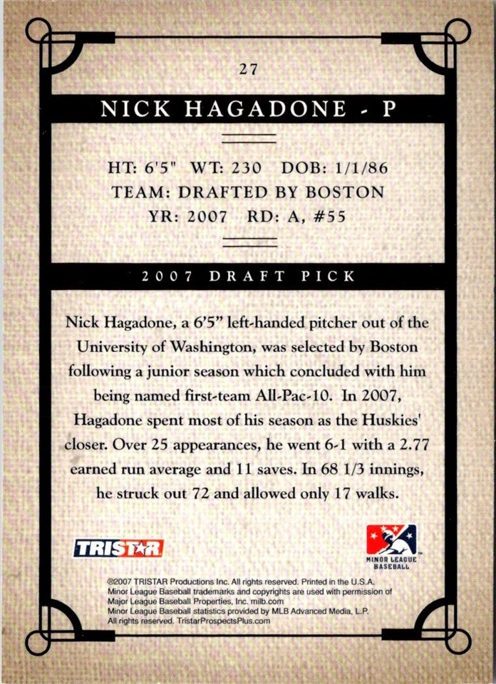 2007 Tristar Prospects Plus Nick Hagadone #27 Lowell Spinners Baseball ...
