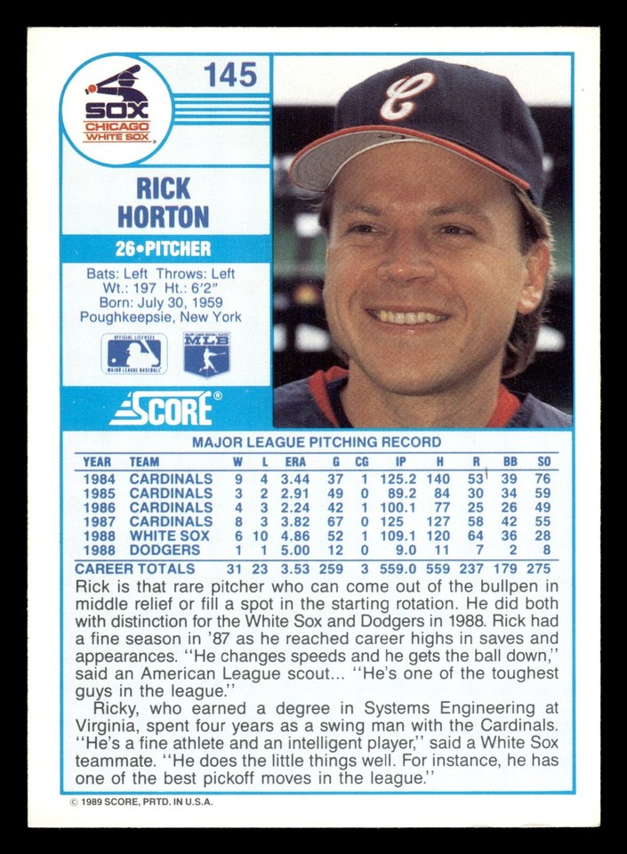 RICK HORTON ⚾ 1989 Score #145 Chicago White Sox | eBay