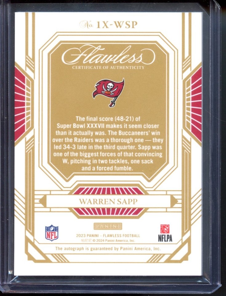 2023 Panini Flawless Warren Sapp - Super Bowl Champions Auto - Ruby /15 ...
