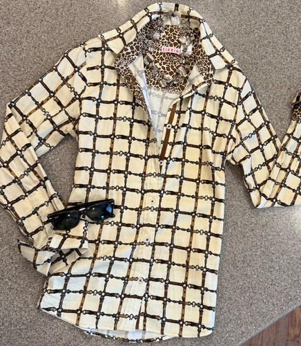 TIZZIE ~ Equestrian Horse Print Contrast Cuff Button Up Blouse Sz S | eBay