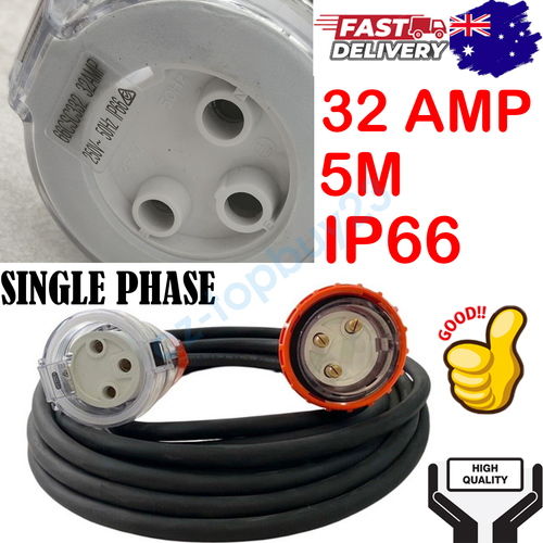 32 Amp3 Pin 5m Extension Lead Single Phase 250V Rubber Cable Male ...