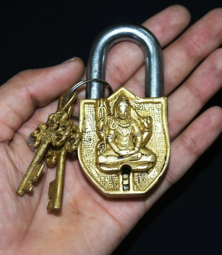 Engraved Brass Lord Shiva Key Padlock Positive Energy Handmade Safety ...