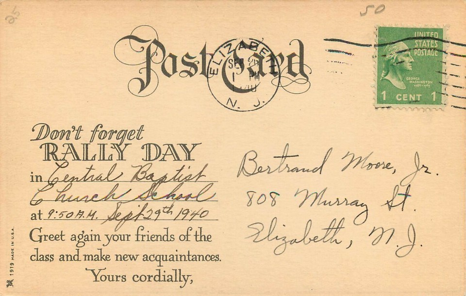 Postcard Church Rally Day 32:8 Sunday School Cathedral 1919 Elizabeth ...