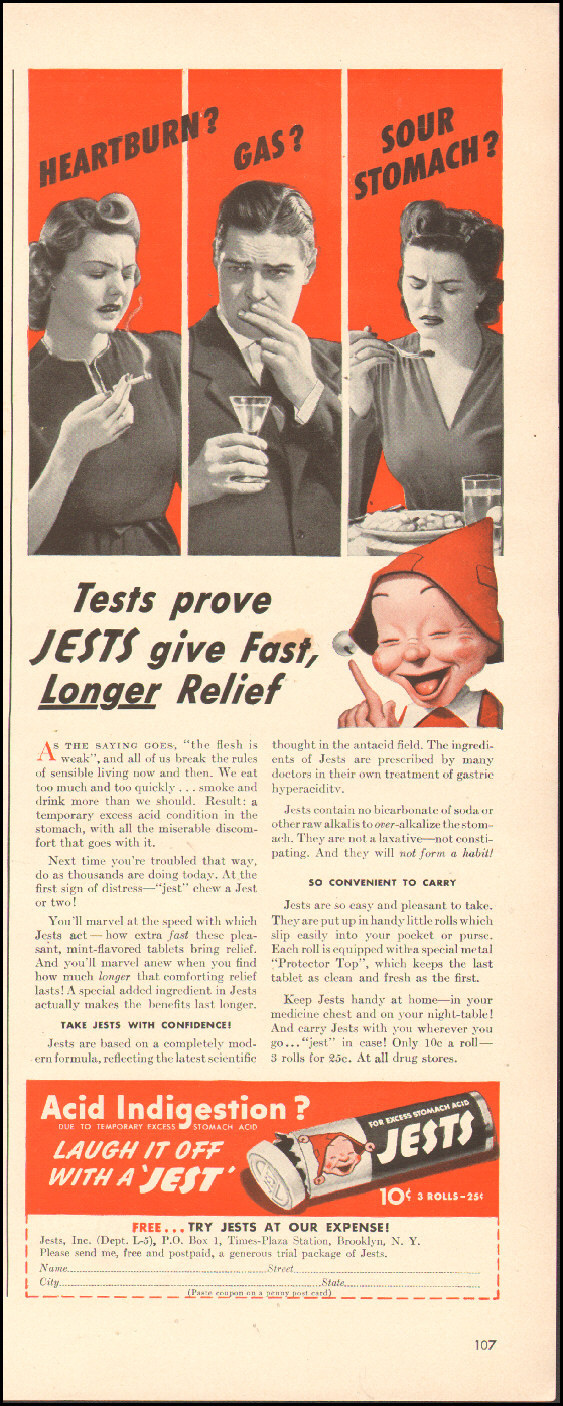 1941 Vintage ad for Jests`Acid Indigestion First Aid`Art Elf (030717 ...