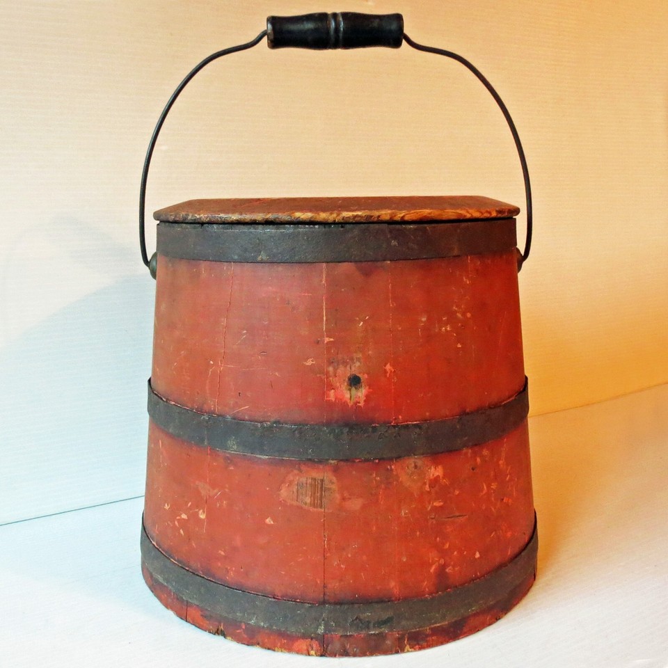 Antique Red Painted Wood Firkin with Iron Straps, Cover & Bail Handle 9 ...
