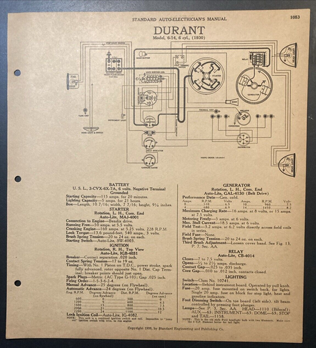 Automobile Electrician Schematic 1930 Durant Model 6-14 1930 Durant ...