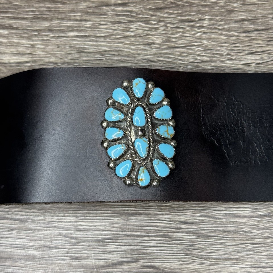 VTG Navajo Nickel Silver Turquoise Bow Guard Black Leather Bracelet ...