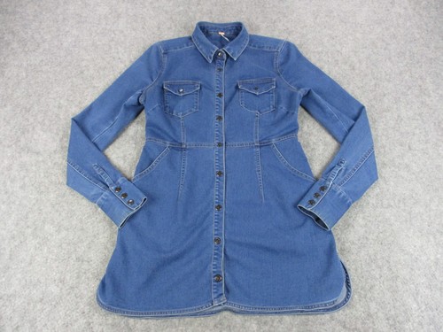 Free People Dress Womens Small Blue Dynomite Mini Denim Shirt Snap ...