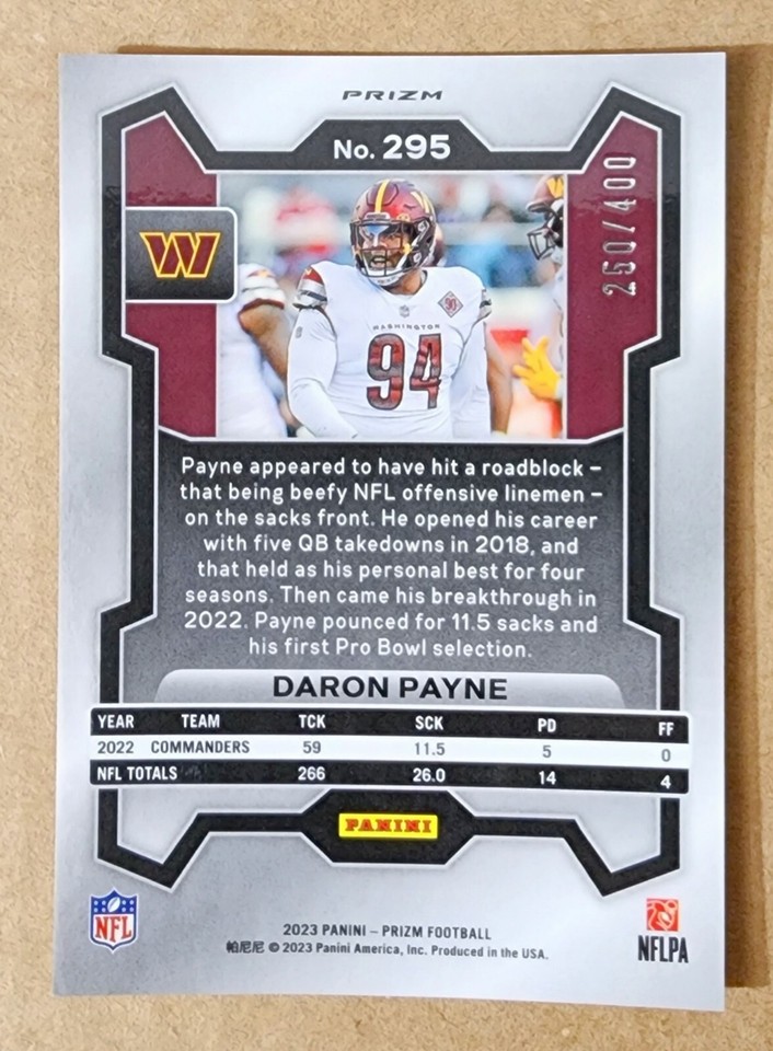 2023 Panini Prizm Daron Payne #295 Premium Pandora 250/400 Commanders ...