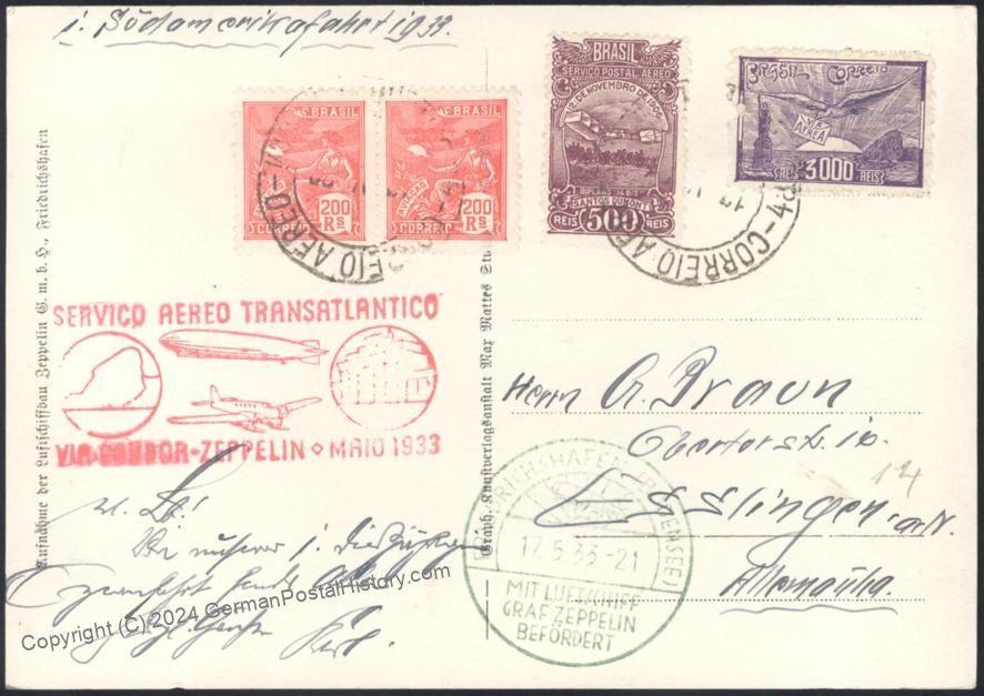 Germany 1933 Zeppelin 1st SAF Mi298 Brazil CREW RPPC Cover Beuerle ...