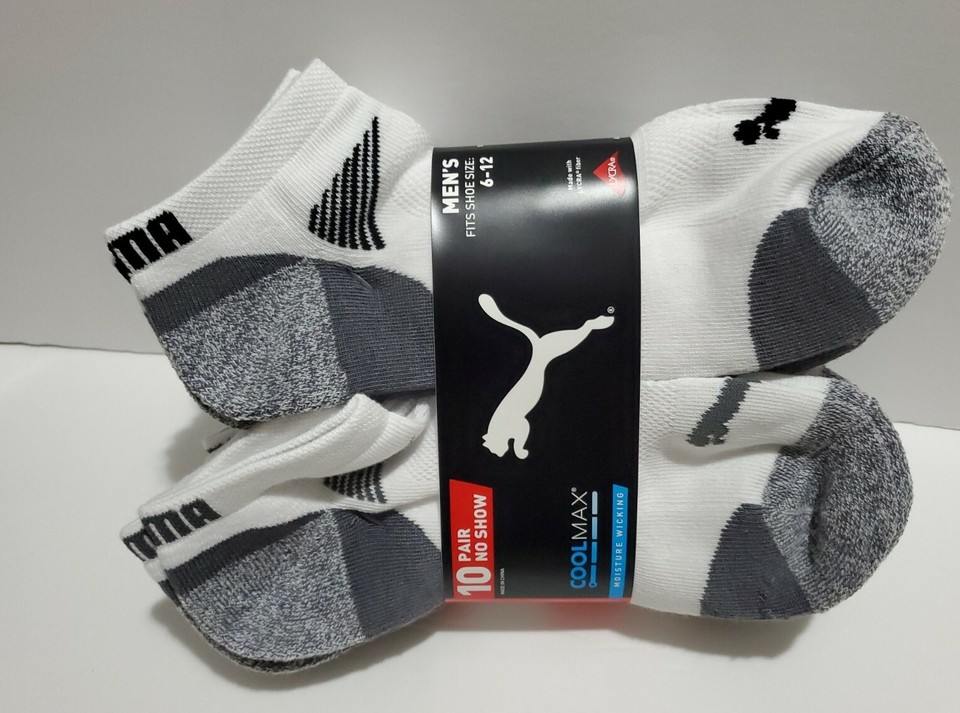 10 PAIR PUMA MEN'S NO SHOW SOCK - FITS SHOE SZ 6-12 COOLMAX MOISTURE ...
