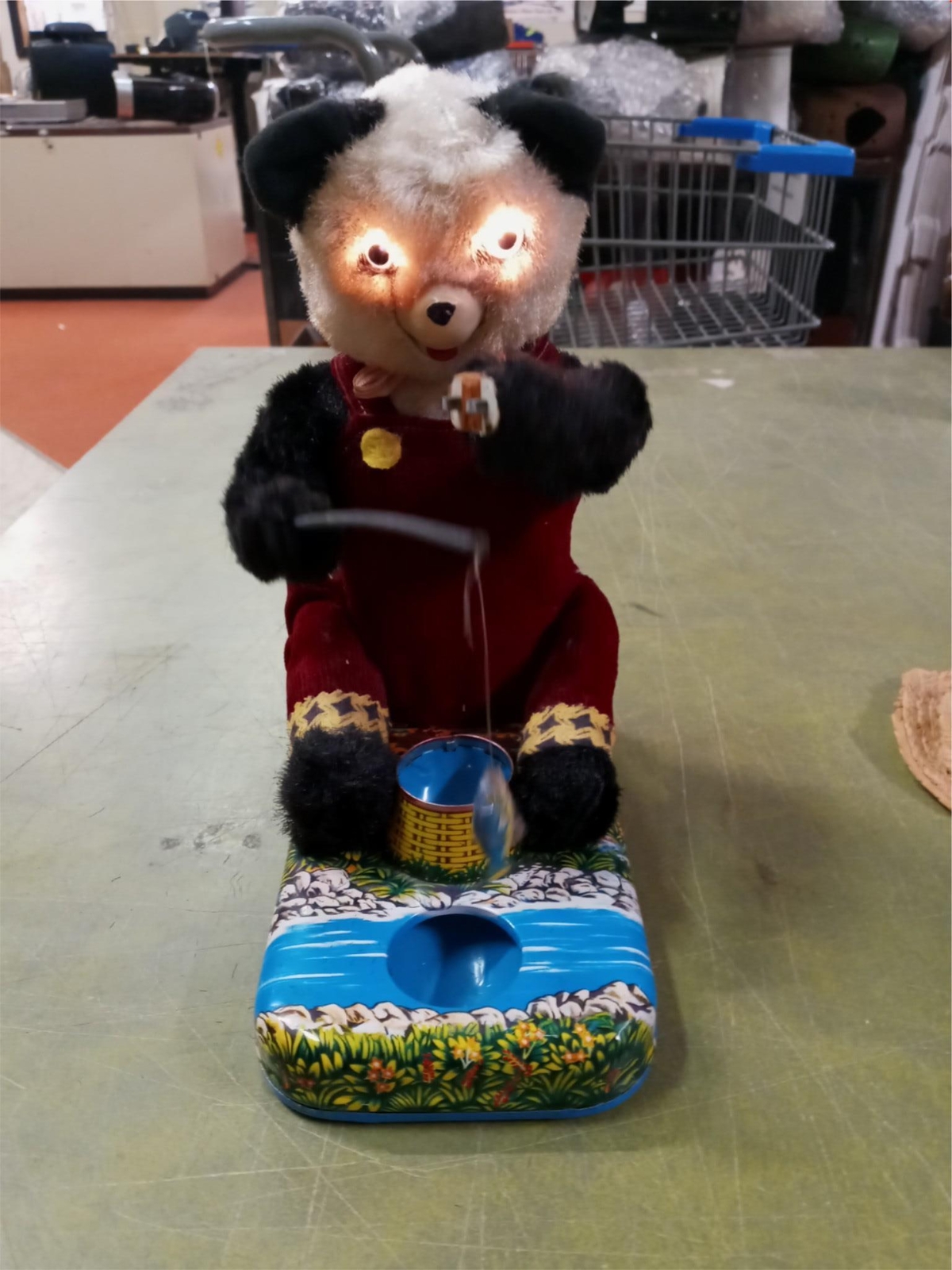Vtg Working 1950's Battery Operated Fishing Panda Bear Tin Litho Toy ...
