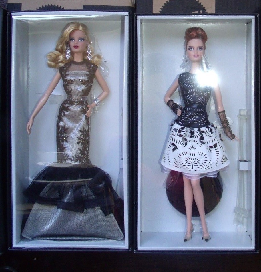 Lot of 2 Platinum 2015 Classic Evening Gown Barbie Black &White & Fan ...
