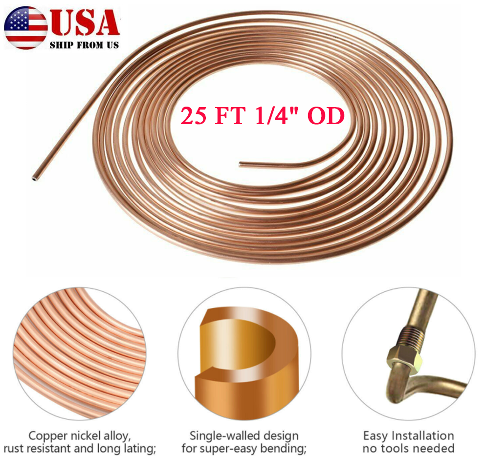 25FT Roll Coil 1/4"OD Copper Nickel Car Brake Fuel Line Tubing Kit w/16 ...