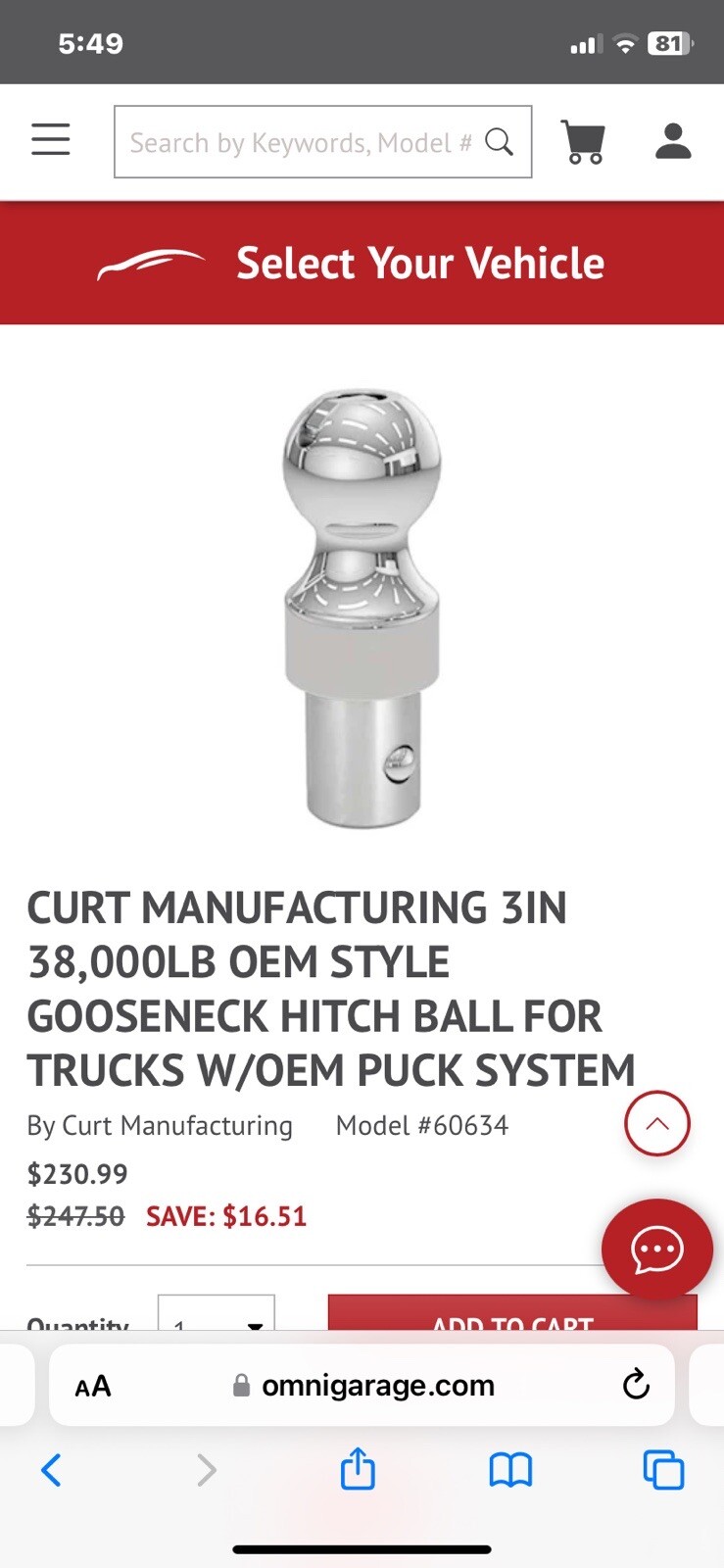 Curt MFG 3" J2638 Gooseneck Ball 38.000 LBS S05206X-RA - FAST for sale ...