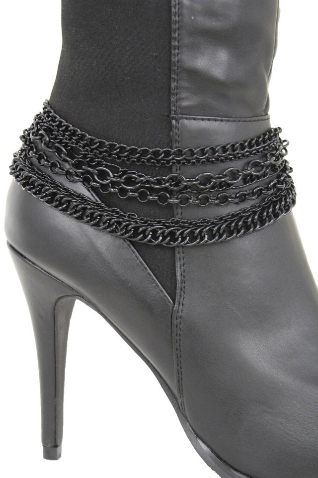 Women Western Fashion Boot Shoe Black Metal Chain Waves Wrap Around ...