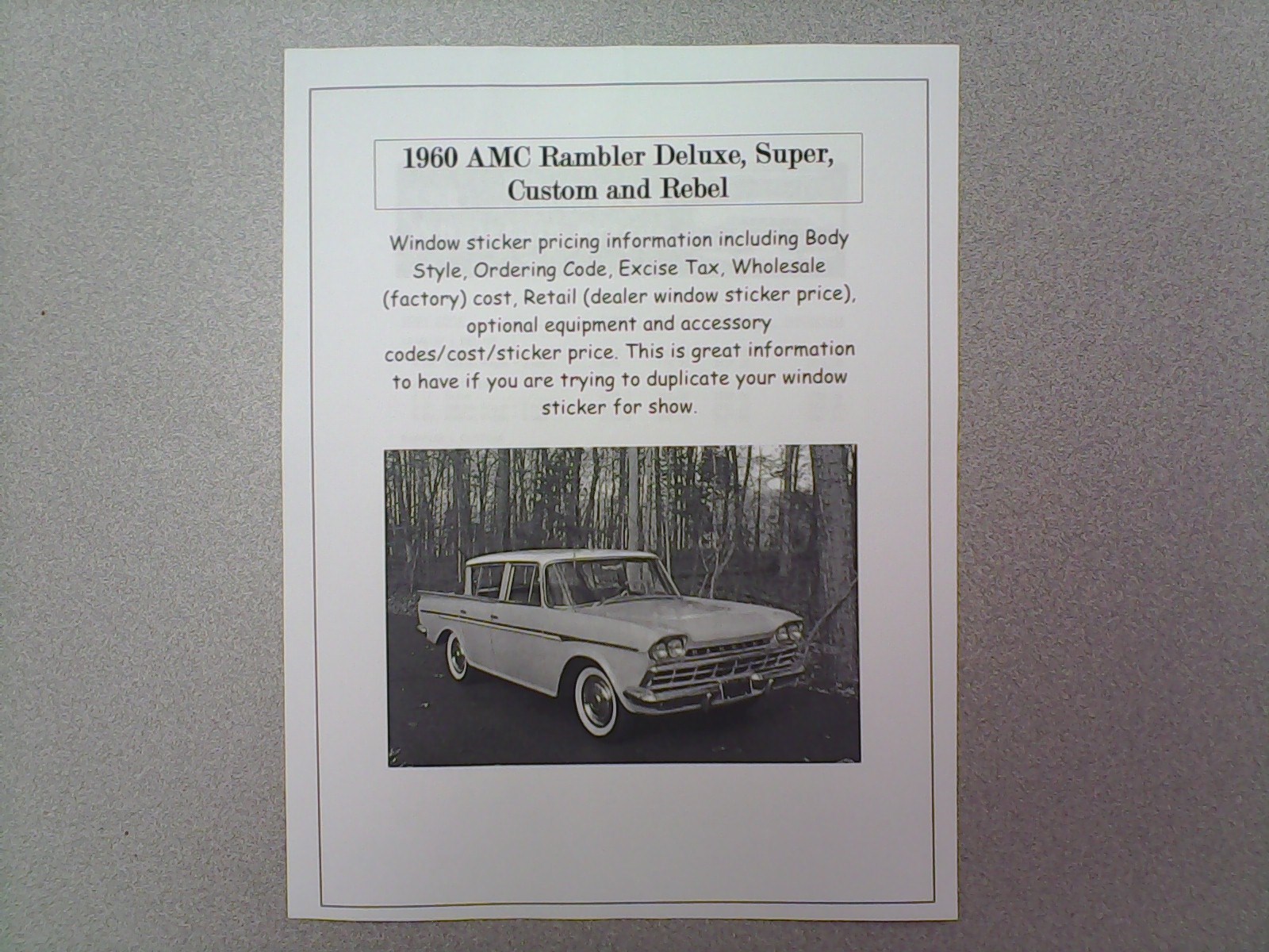 1960 AMC Rambler factory cost/dealer sticker prices for car and options ...