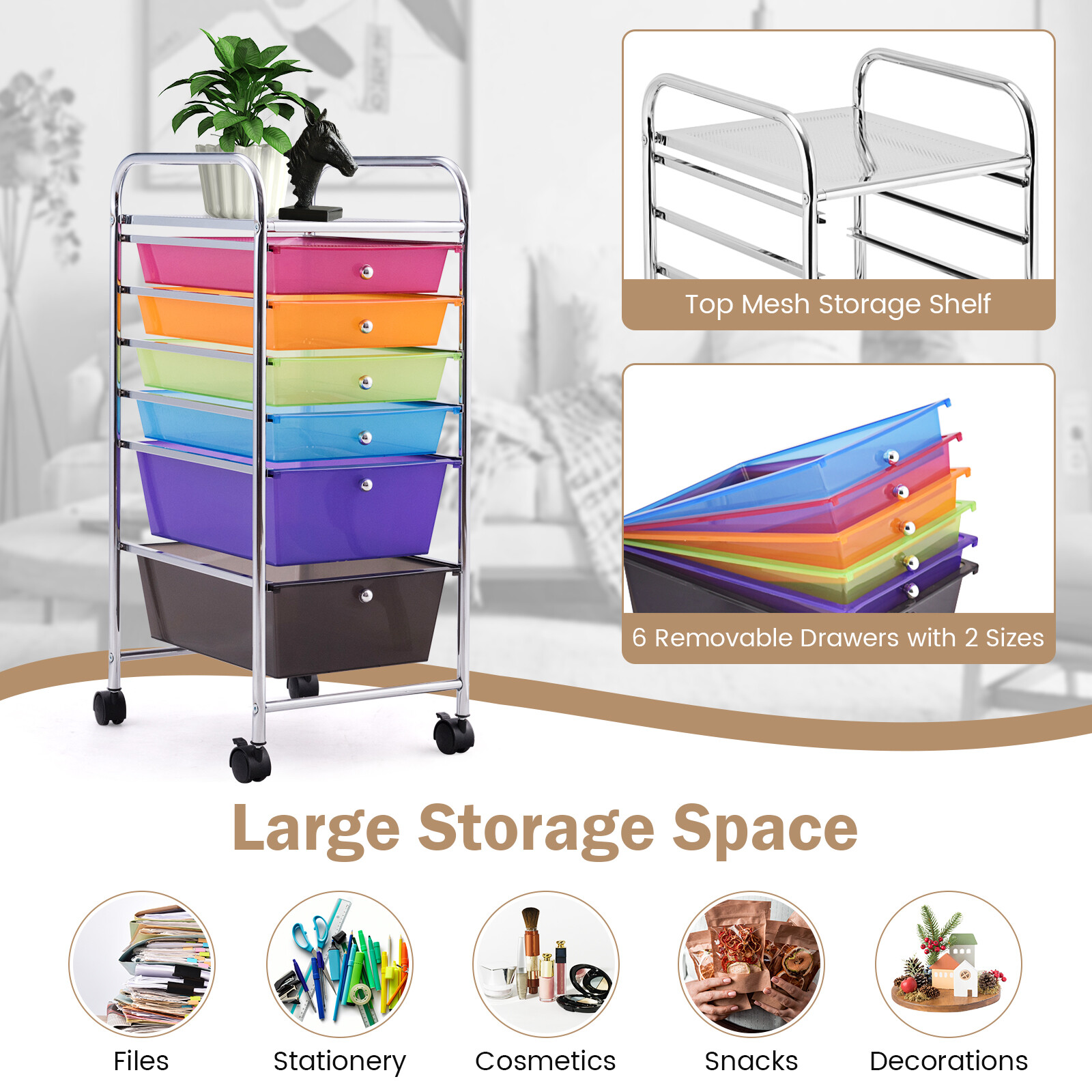 Storage Rolling Cart Tools Paper Organizer Home Office Schools W/ 6 ...