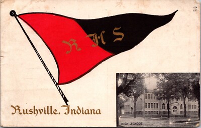 1909 Antique Postcard Rushville Indiana High School Pennant Flag ...