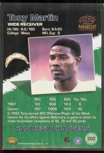 1998 Pacific Paramount Red Tony Martin San Diego Chargers #202 | eBay